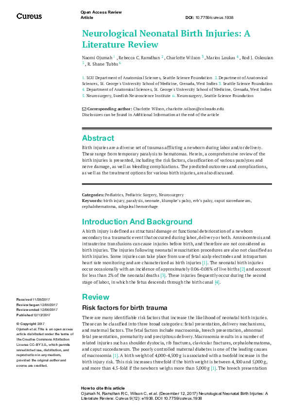 (PDF) Neurological Neonatal Birth Injuries: A Literature Review