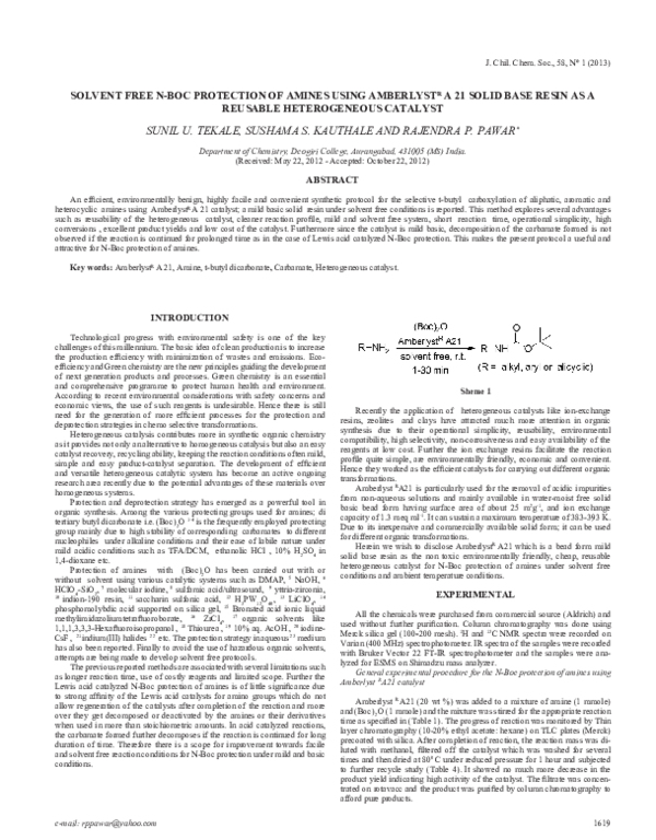 (PDF) Solvent Free N-Boc Protection of Amines Using Amberlyst R a 21 ...