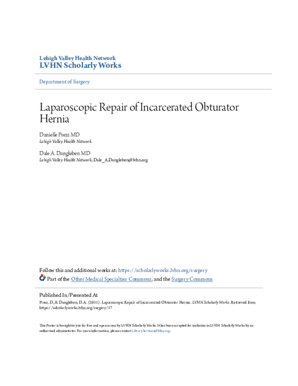 (PDF) Laparoscopic Repair of Incarcerated Obturator Hernia | Dale Dangleben - Academia.edu