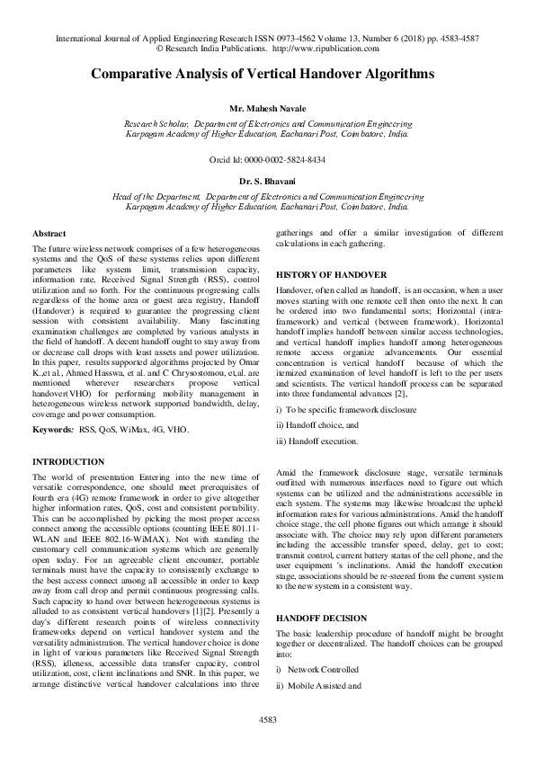 (PDF) Comparative Analysis of Vertical Handover Algorithms | Mahesh ...