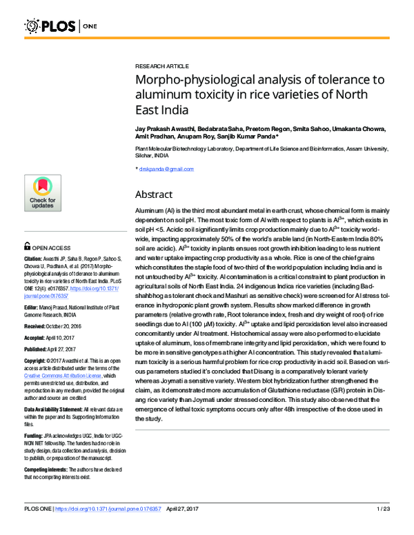 (PDF) Morpho-physiological analysis of tolerance to aluminum toxicity in rice varieties of North ...