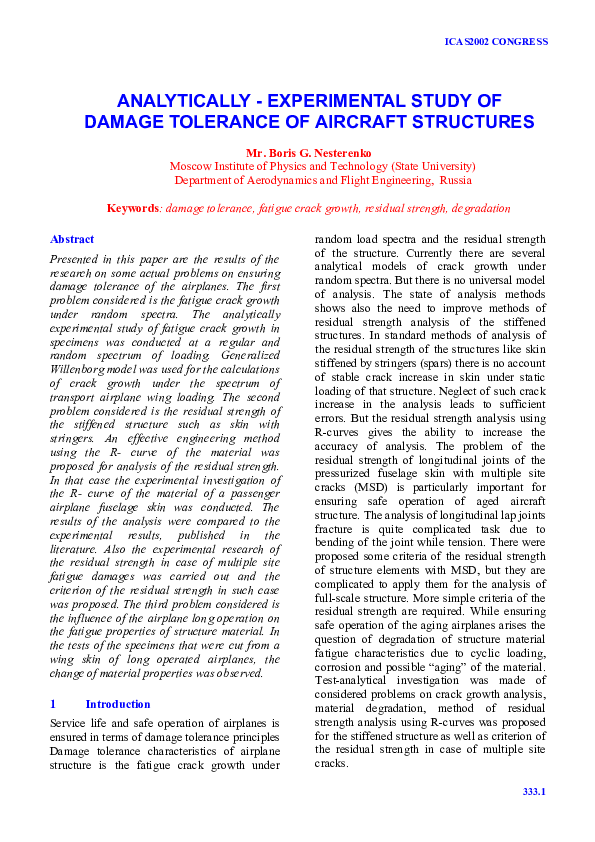 (PDF) Analytically - Experimental Study of Damage Tolerance of Aircraft ...