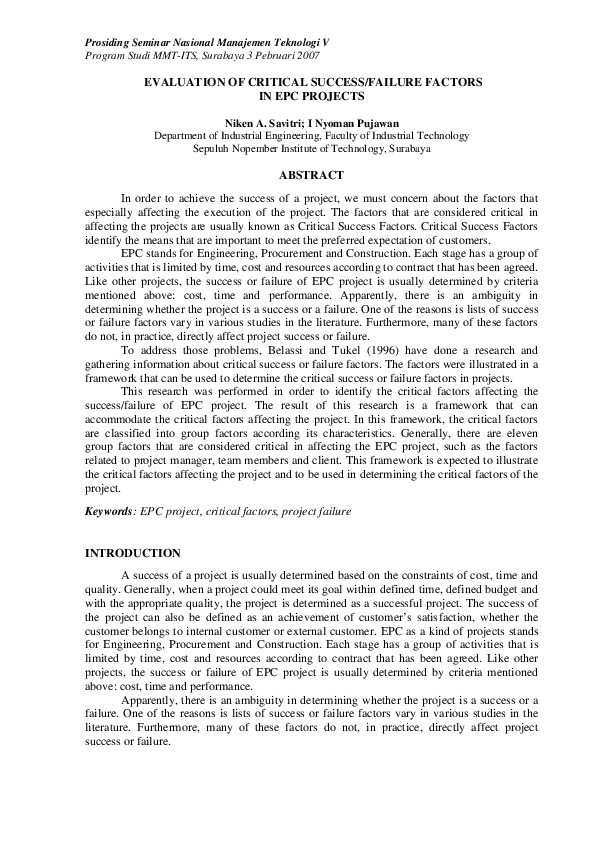 (PDF) Evaluation of Critical Success/Failure Factors in Epc Projects of ...