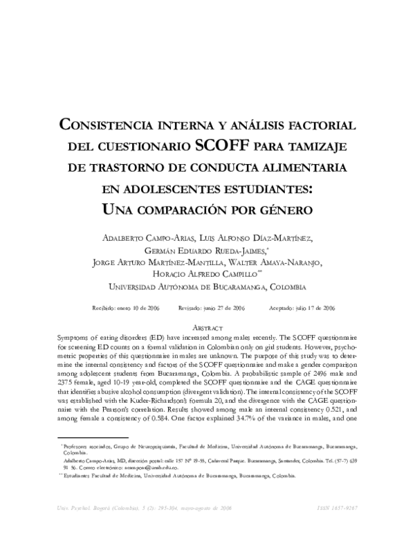 (PDF) Consistencia interna y análisis factorial del cuestionario SCOFF ... (PDF) Consistencia interna y análisis factorial del cuestionario SCOFF ...