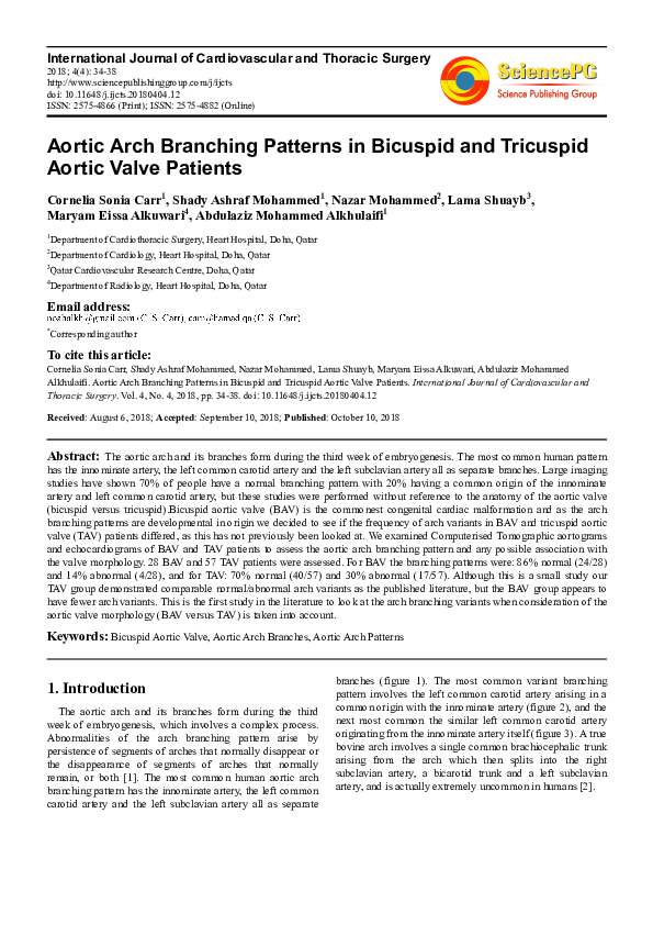 (PDF) Aortic Arch Branching Patterns in Bicuspid and Tricuspid Aortic ...