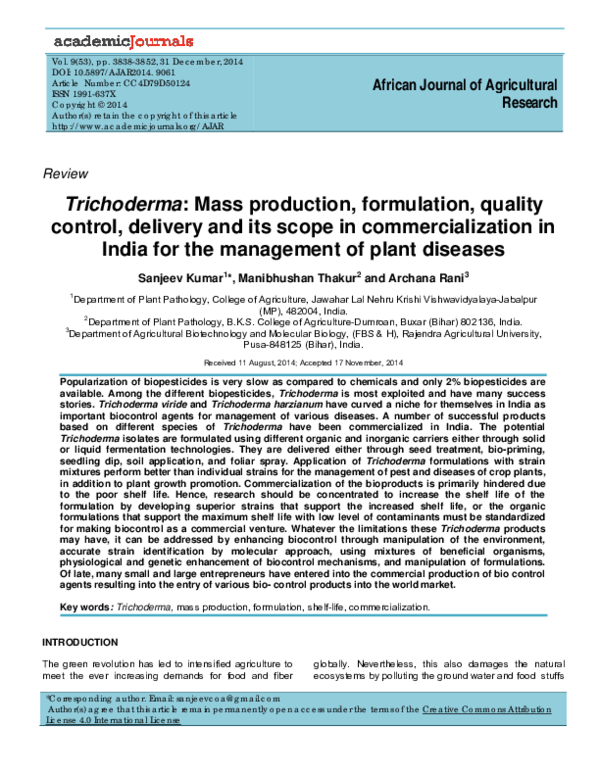 (PDF) Trichoderma: Mass production, formulation, quality control, delivery and its scope in ...