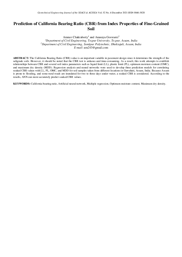 (PDF) Prediction of California Bearing Ratio (CBR) from Index Properties of Fine-Grained Soil
