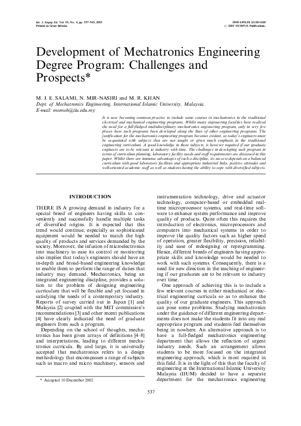 (PDF) Development of mechatronics engineering degree program ...