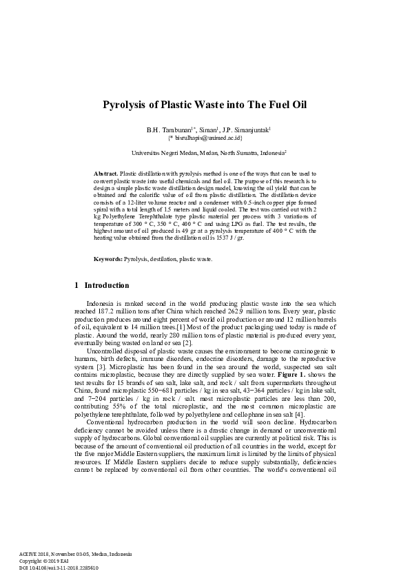 (PDF) Pyrolysis of Plastic Waste into The Fuel Oil