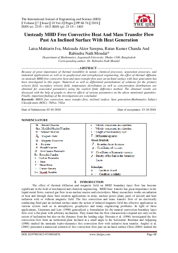 (PDF) Unsteady MHD Free Convective Heat And Mass Transfer Flow Past An ...
