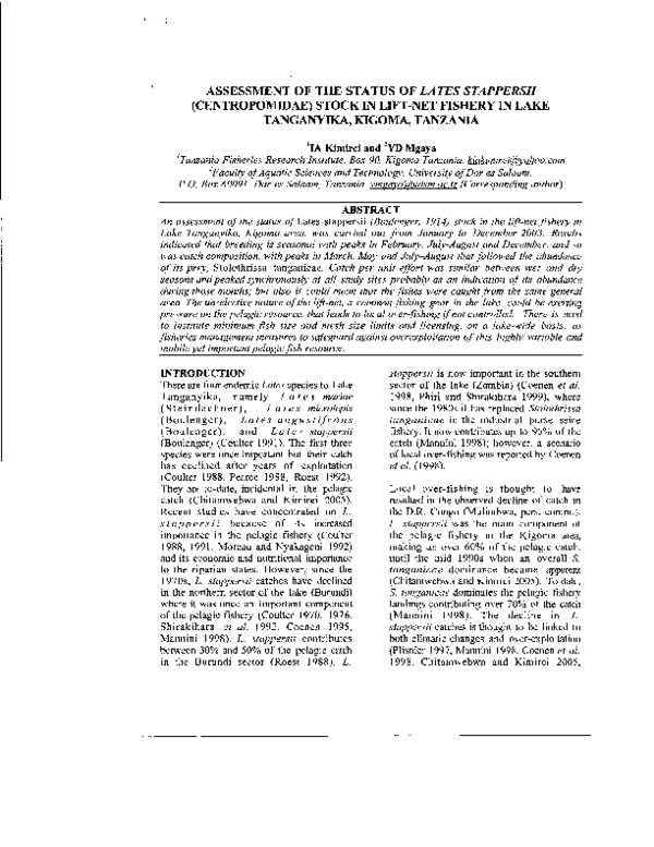 (PDF) Assessment of the status of Lates stappersii (Centropomidae ...