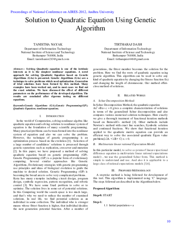 (PDF) Solution to Quadratic Equation Using Genetic Algorithm