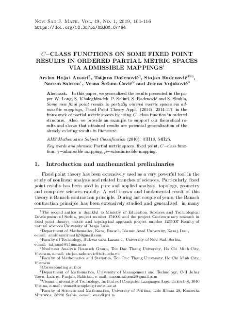(PDF) $C-$class functions on some fixed point results in ordered partial metric spaces via ...
