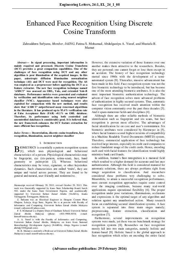 Pdf Enhanced Face Recognition Using Discrete Cosine Transform