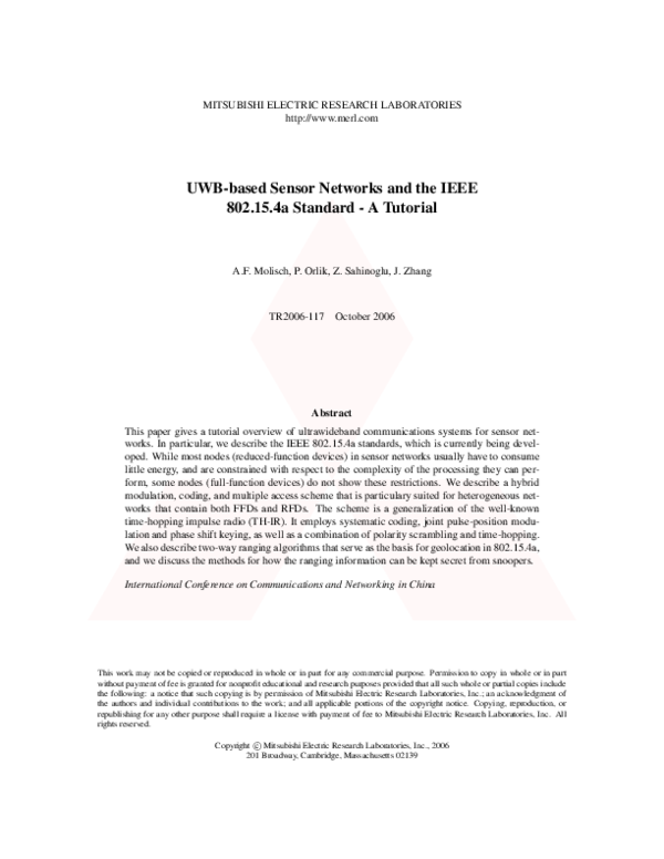 Pdf Uwb Based Sensor Networks And The Ieee 80215 4a Standard A Tutorial
