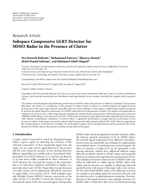 Pdf Subspace Compressive Glrt Detector For Mimo Radar In The Presence Of Clutter