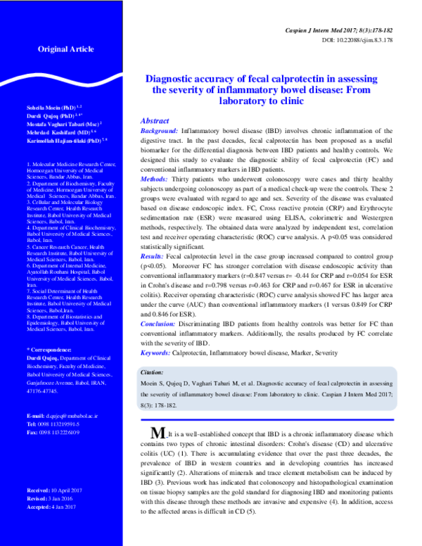 (PDF) Diagnostic accuracy of fecal calprotectin in assessing the severity of inflammatory bowel ...