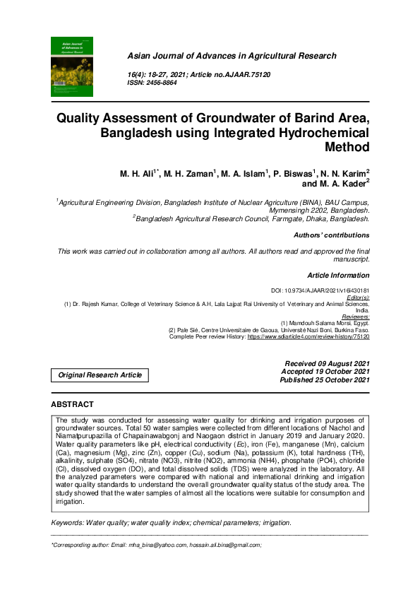 (PDF) Quality Assessment of Groundwater of Barind Area, Bangladesh using Integrated ...