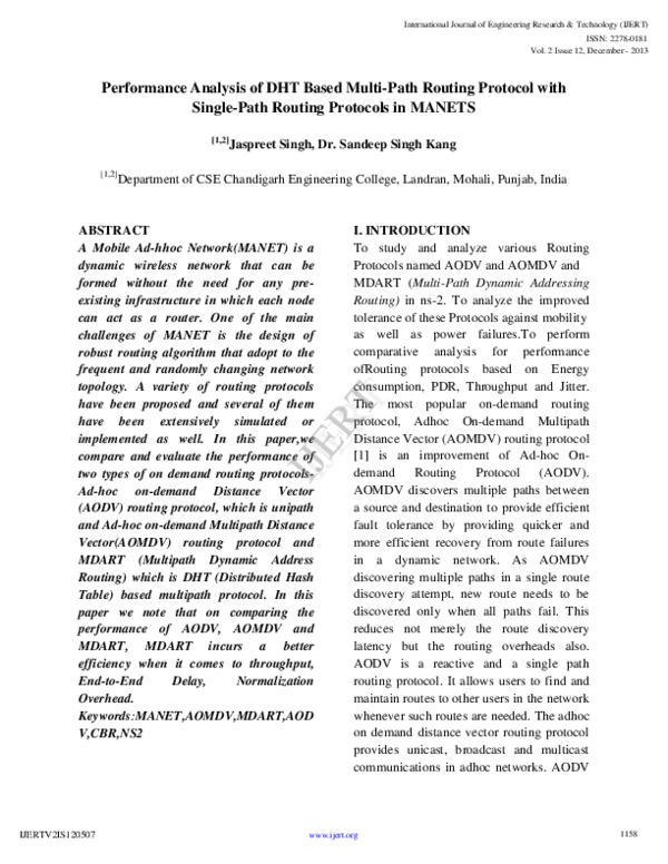 Pdf Performance Analysis Of Dht Based Multi Path Routing Protocol With Single Path Routing 