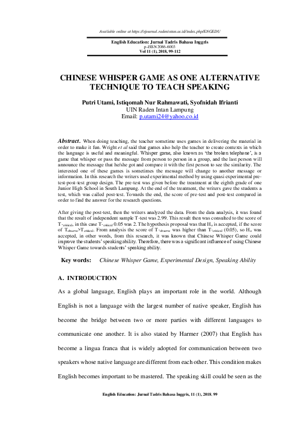 (PDF) Chinese Whisper Game as One Alternative Technique to Teach Speaking