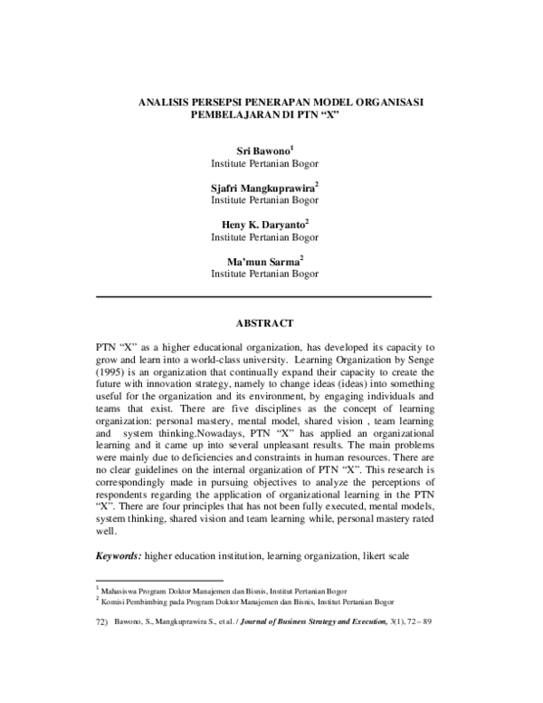 (PDF) Analisis Persepsi Penerapan Model Organisasi Pembelajaran DI PTN “X” (PDF) Analisis Persepsi Penerapan Model Organisasi Pembelajaran DI PTN “X”