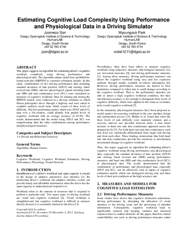 Pdf Estimating Cognitive Load Complexity Using Performance And Physiological Data In A Driving
