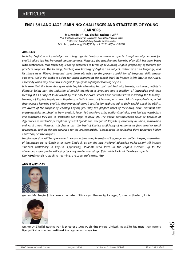 (PDF) English Language Learning: Challenges and Strategies of Young ...