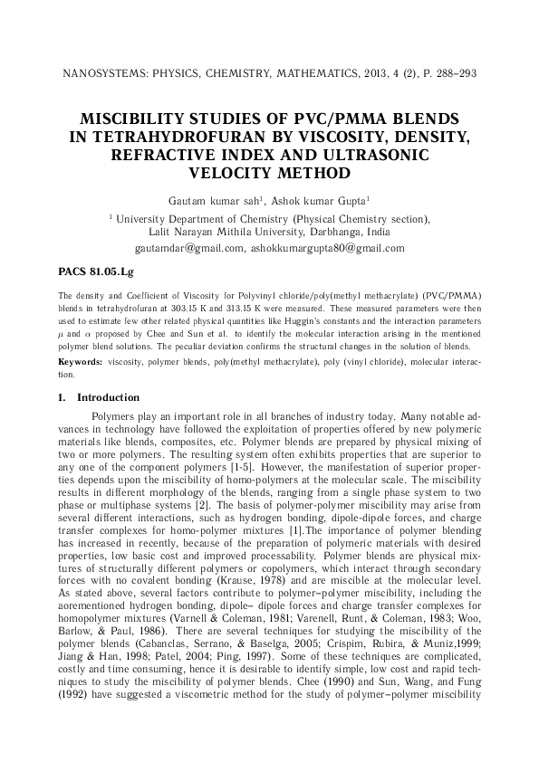 (PDF) Miscibility studies of pvc/pmma blends in tetrahydrofuran by ...