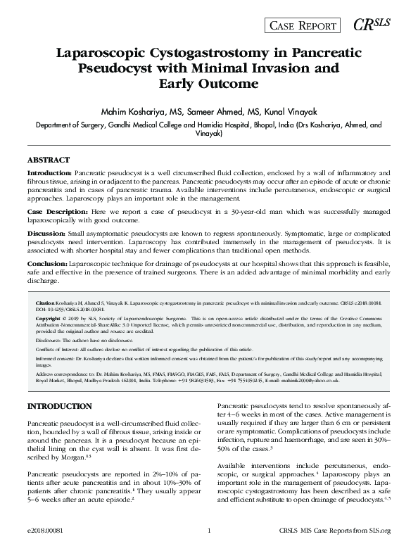 (PDF) Laparoscopic Cystogastrostomy in Pancreatic Pseudocyst with ...