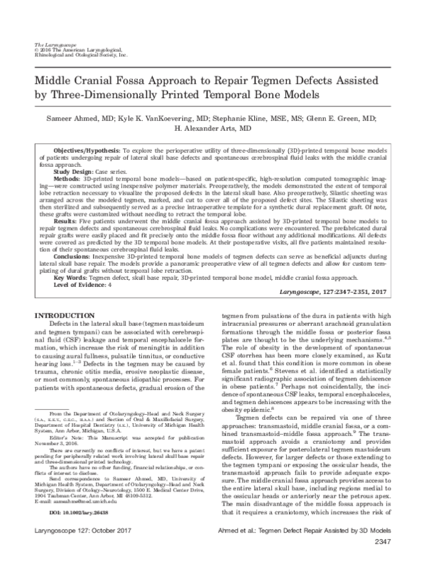 (PDF) Middle cranial fossa approach to repair tegmen defects assisted ...