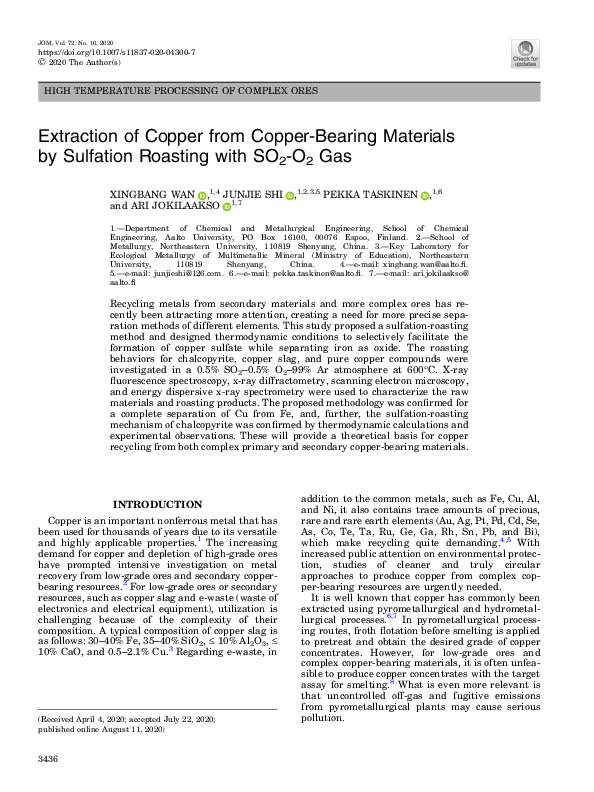 (PDF) Extraction of Copper from Copper-Bearing Materials by Sulfation ...