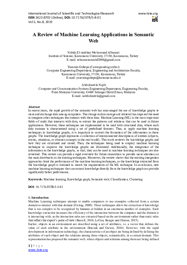 (PDF) A Review of Machine Learning Applications in Semantic Web