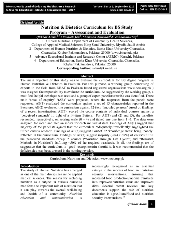 (PDF) Nutrition & Dietetics Curriculum for Bs Study Program-Assessment ...