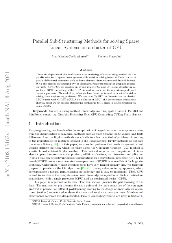 (PDF) Parallel Sub-structuring Methods for Solving Sparse Linear Systems on a Cluster of GPUs