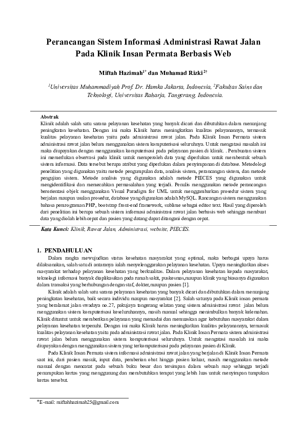 (PDF) Perancangan Sistem Informasi Administrasi Rawat Jalan Pada Klinik Insan Permata Berbasis Web