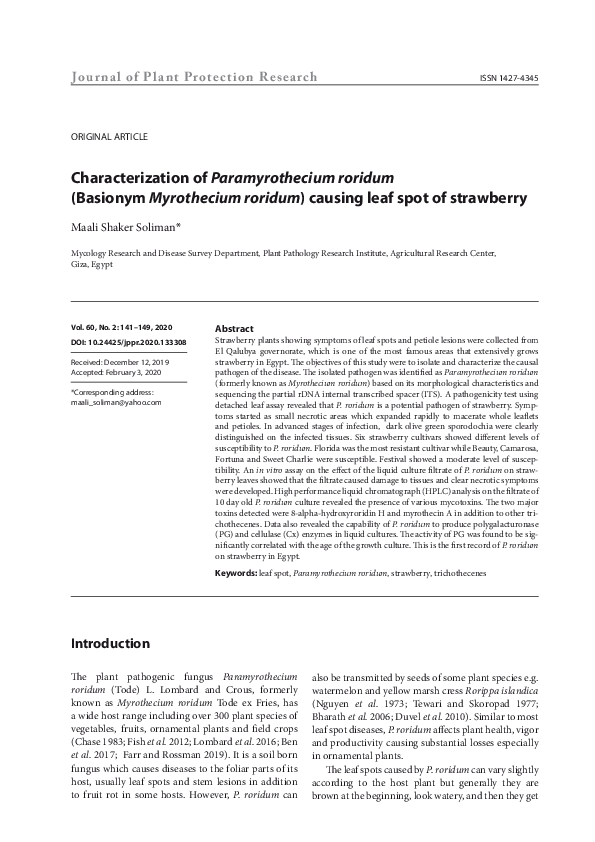 (PDF) Characterization of Paramyrothecium roridum (Basionym Myrothecium ...