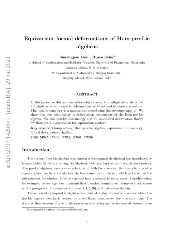 (PDF) Equivariant formal deformations of Hom-pre-Lie algebras