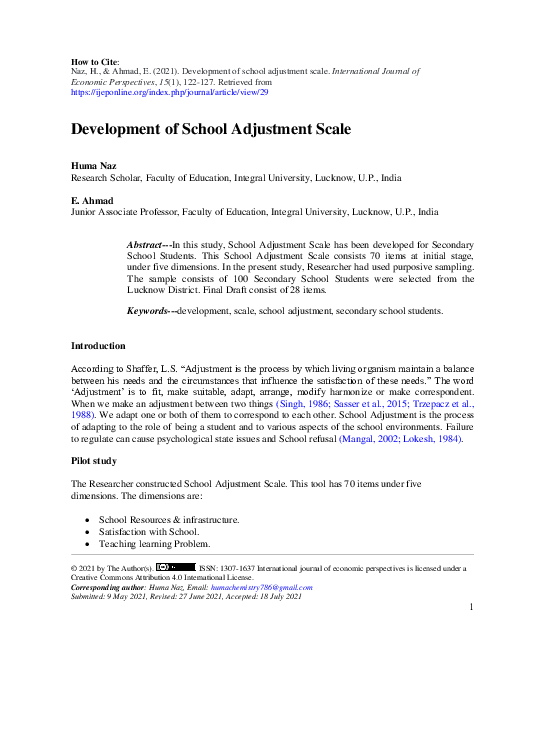 (PDF) Development of School Adjustment Scale