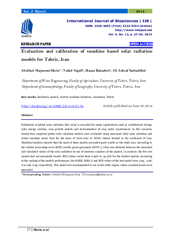 Pdf Evaluation And Calibration Of Sunshine Based Solar Radiation