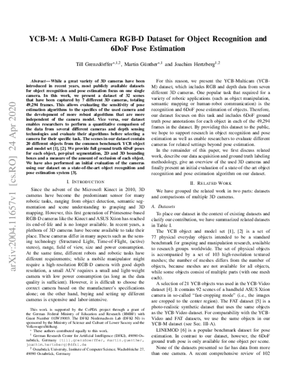 Pdf Ycb M A Multi Camera Rgb D Dataset For Object Recognition And