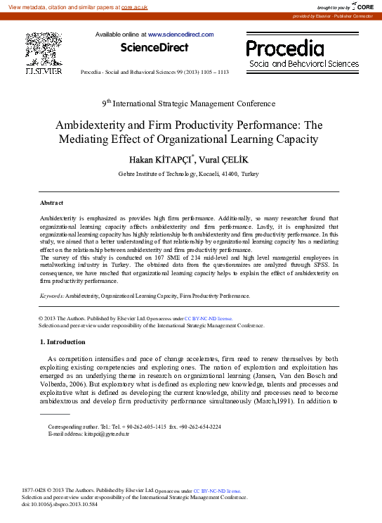 (PDF) Ambidexterity and Firm Productivity Performance: The Mediating Effect of Organizational ...