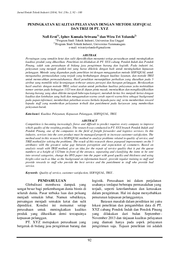 (PDF) Peningkatan Kualitas Pelayanan Dengan Metode Servqual Dan Triz DI Pt. Xyz