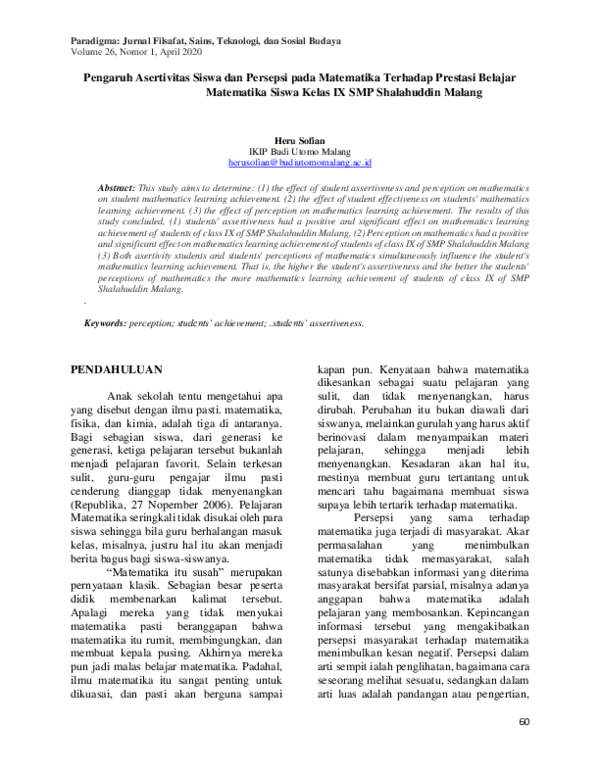 (PDF) Pengaruh Asertivitas Siswa dan Persepsi pada Matematika Terhadap Prestasi Belajar ...