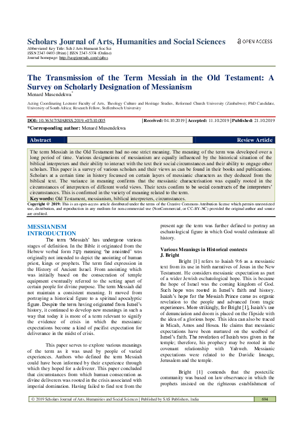 (PDF) The Transmission of the Term Messiah in the Old Testament: A ...