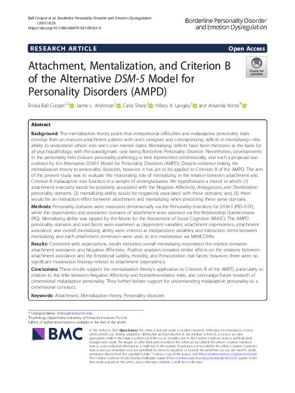 (PDF) Attachment, Mentalization, and Criterion B of the Alternative DSM ...