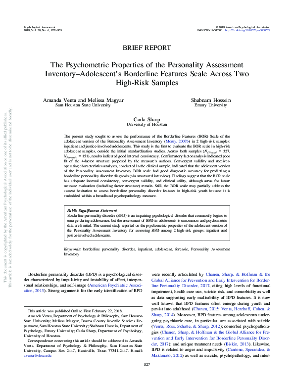 (PDF) The psychometric properties of the Personality Assessment ...