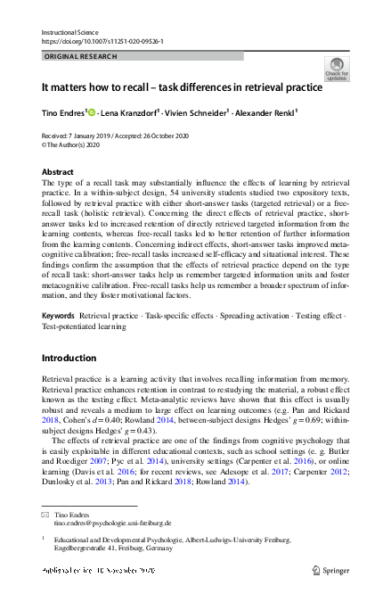 (PDF) It matters how to recall – task differences in retrieval practice