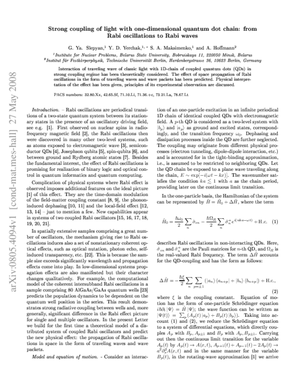 (PDF) Strong coupling of light with one-dimensional quantum dot chain: from Rabi oscillations to ...