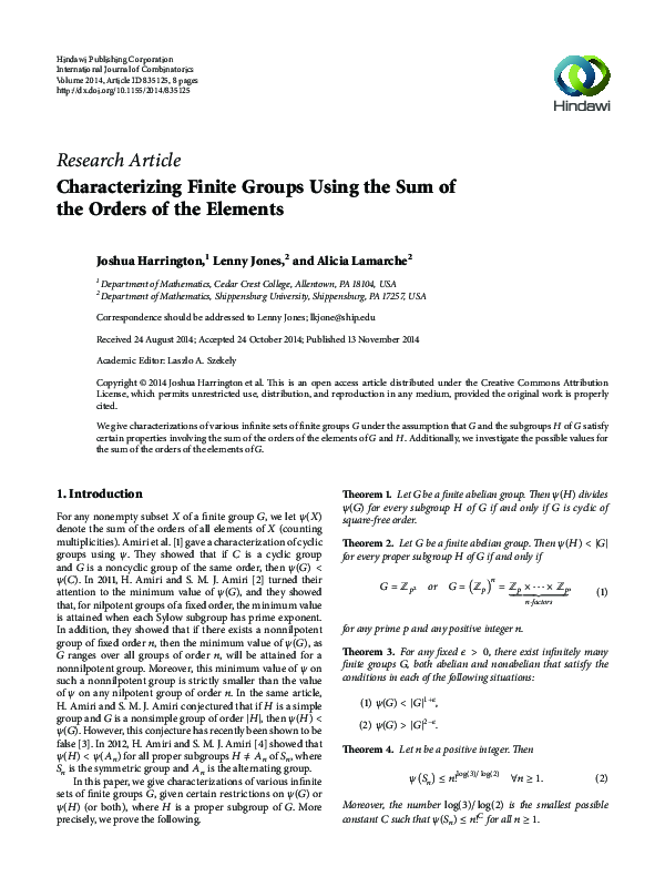 (PDF) Characterizing Finite Groups Using the Sum of the Orders of the Elements