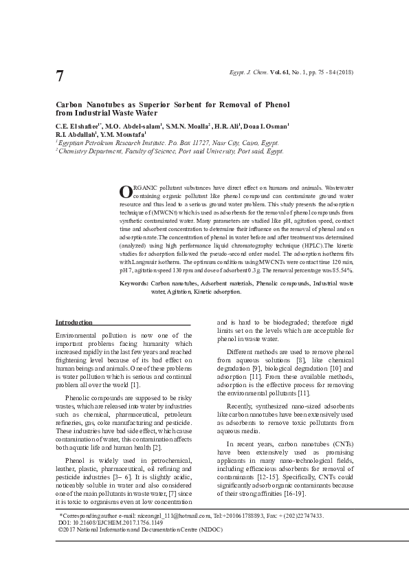 (PDF) Carbon nanotubes as superior sorbent for removal of phenol from ...